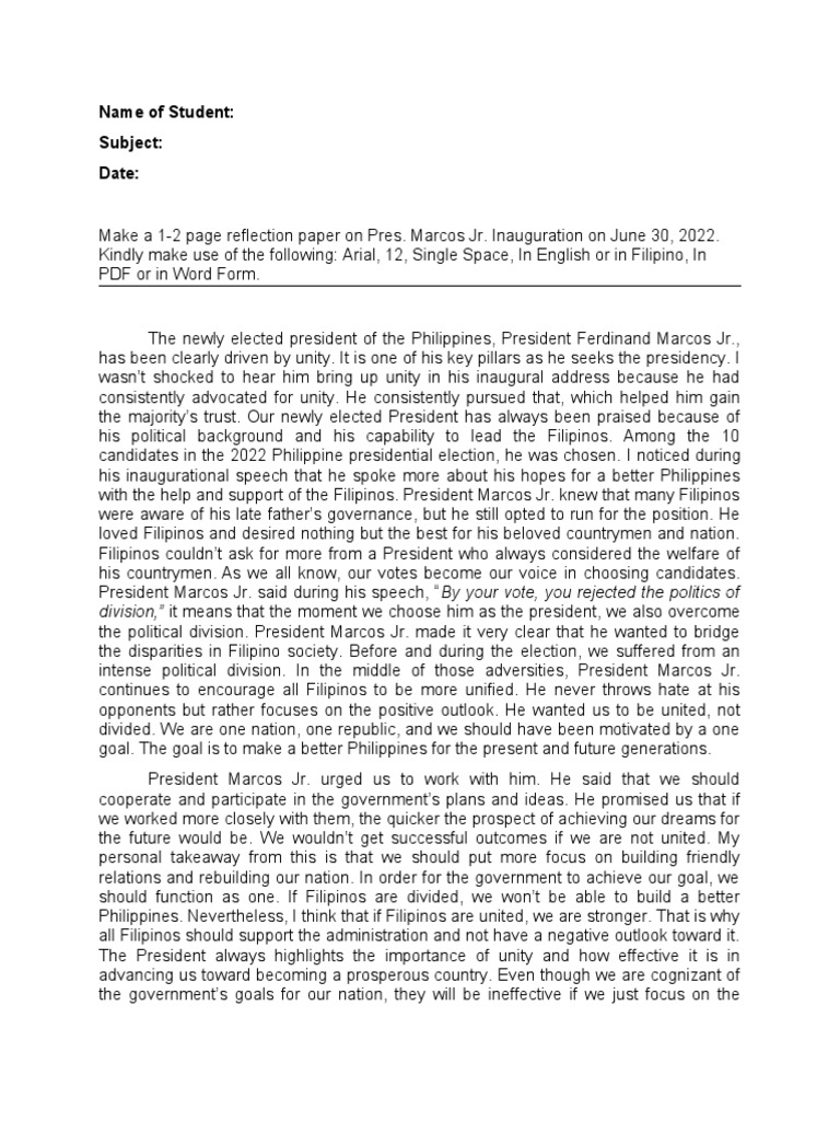 Reflection Paper President Marcos Jr. Inauguration | PDF | Philippines