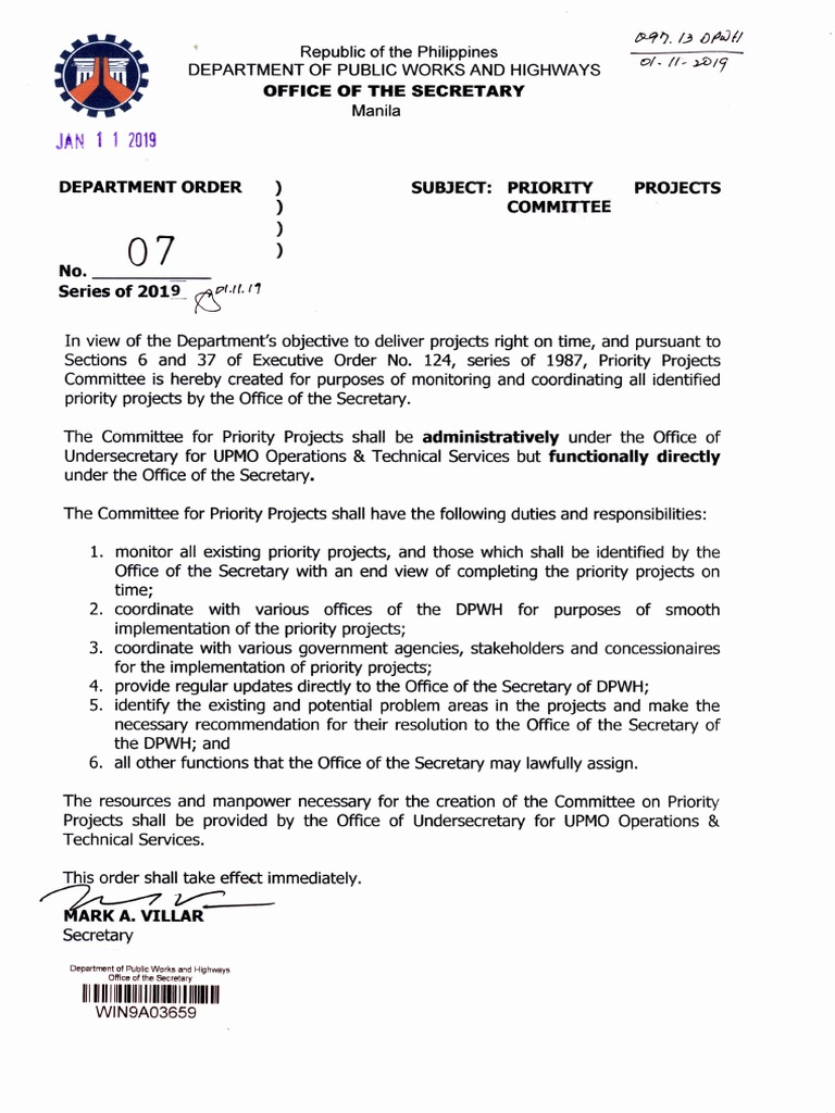 DPWH Priority Projects Committee Order | PDF | Asphalt | Concrete