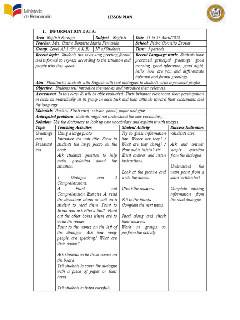 Lesson Plan 1. Information Data | PDF | Lesson Plan | English Language