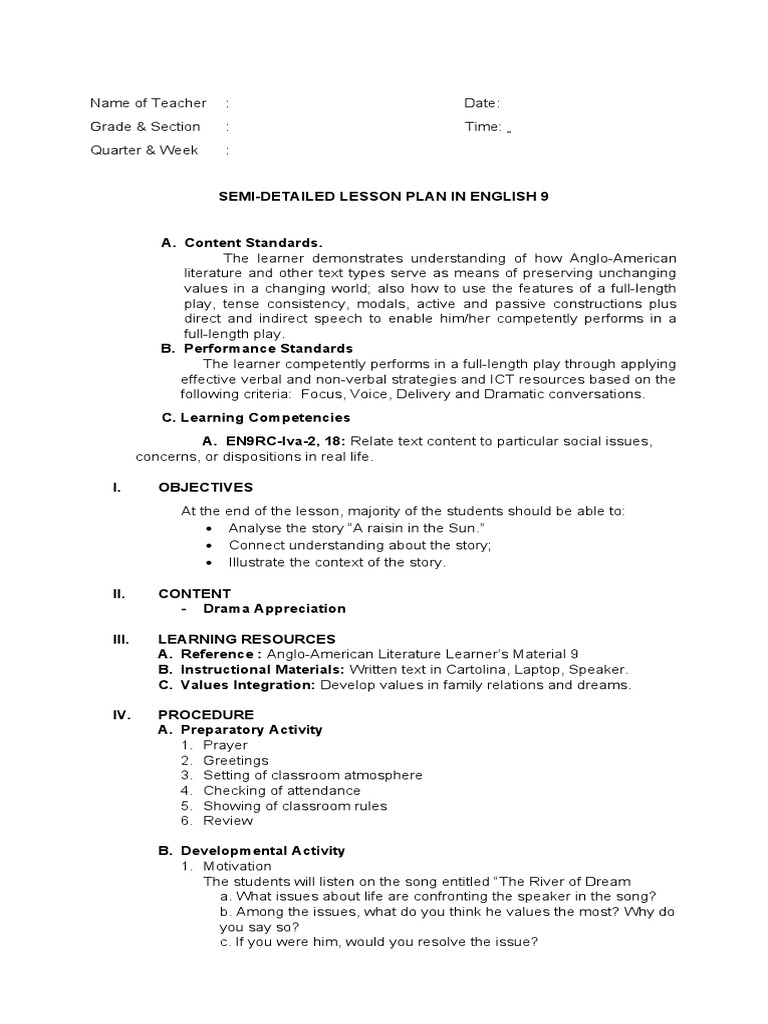 Semi - Detailed Lesoon Plan. English Grade 9 | PDF | Lesson Plan | Learning