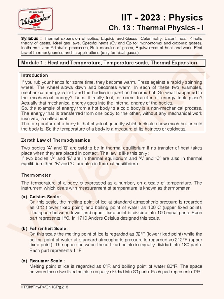 IIT 23 Phy CH 13 Thermal Physics 1 1634654541102 | PDF | Thermal Expansion | Heat