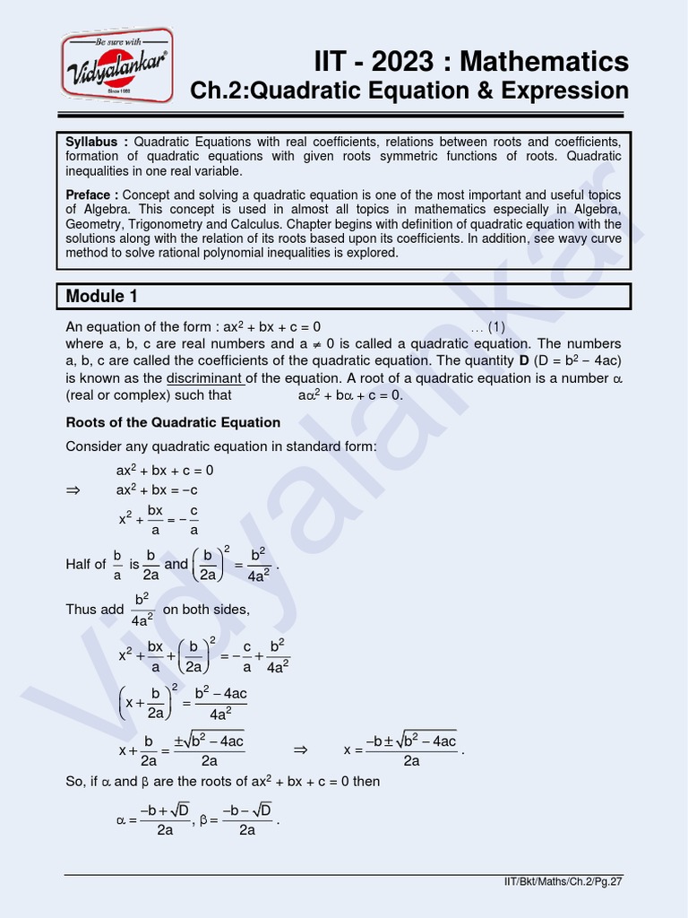 IIT 23 Maths CH 2 Quadratic Eqn Expression 1620295836759 | PDF ...