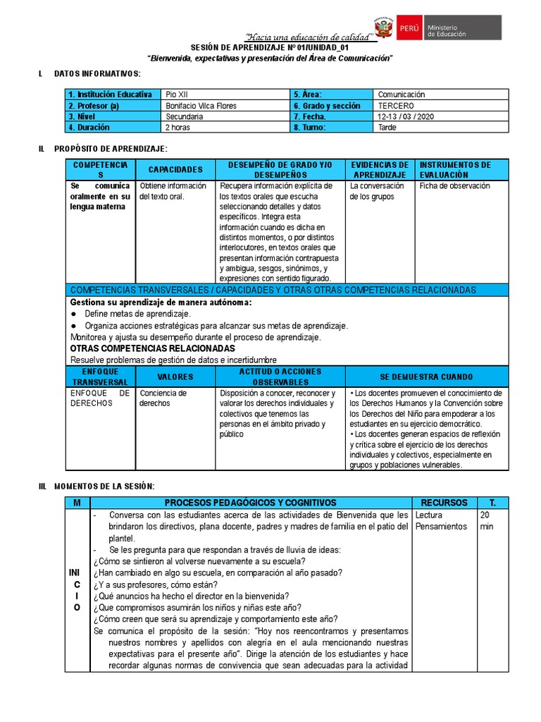 Sesion de Aprendizaje 3° | PDF | Evaluación | Aprendizaje