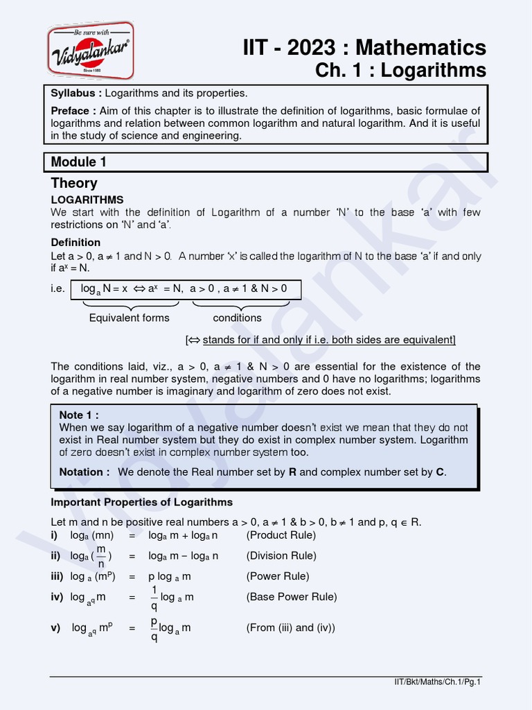 IIT 23 Maths CH 1 Logarithm 1619508982637 | PDF | Numbers | Mathematics