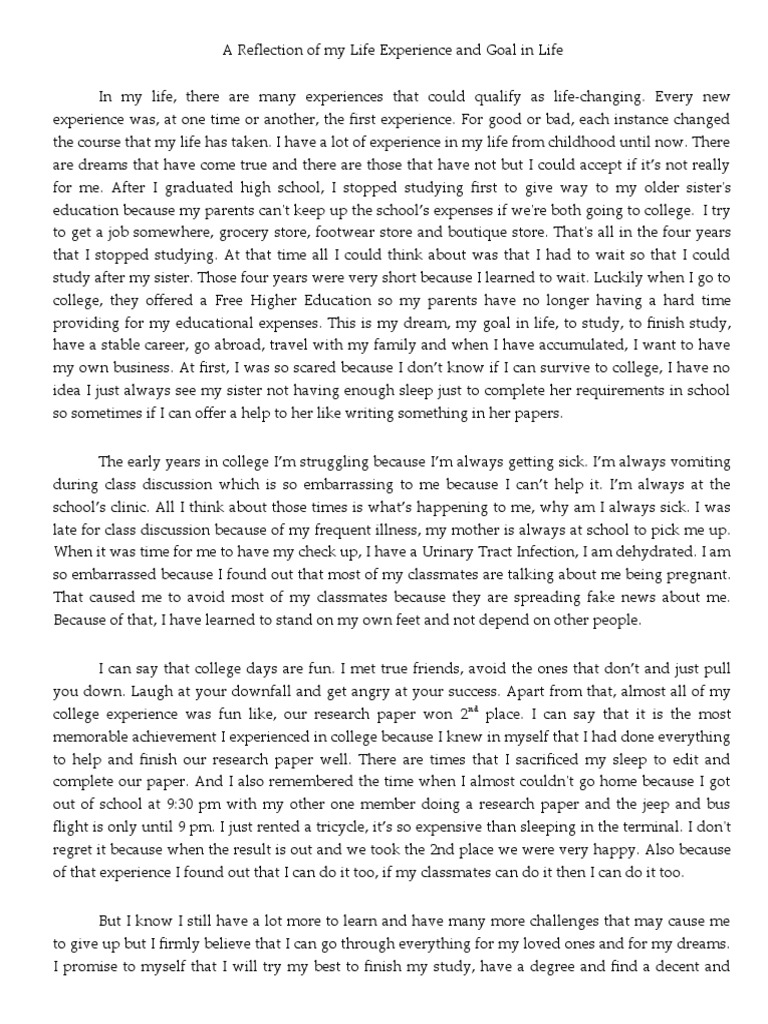 A Reflection of my Life Experience and Goal in Life | PDF