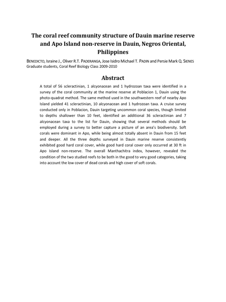 Group Report - Coral Reef Community Structure of Poblacion Dauin and Apo SW Reef | Download Free ...