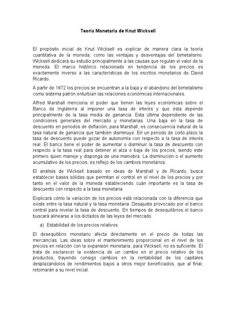 Teoría Monetaria Knut Wicksell | PDF | Precios | Oferta y demanda