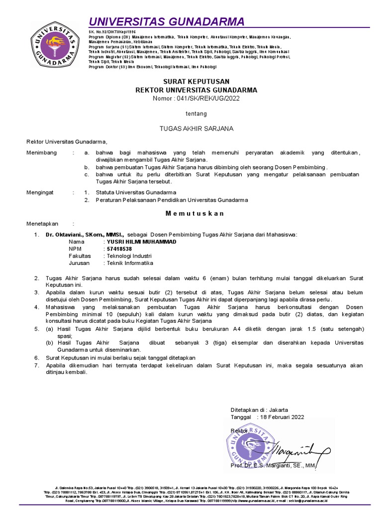 Surat Keputusan Rektor Universitas Gunadarma | PDF