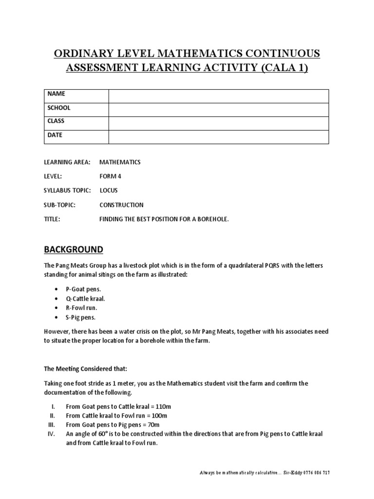 Ordinary Level Mathematics Continuous Assessment Learning Activity ...