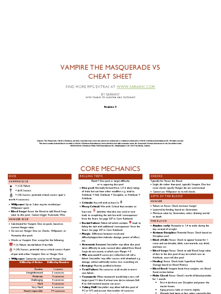 Vampire The Masquerade V5 Cheat Sheet: Find More RPG Extras at | PDF Vampire The Masquerade V5 Cheat Sheet: Find More RPG Extras at | PDF