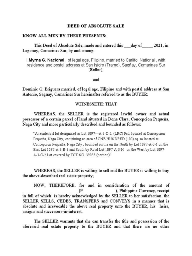 DEED OF ABSOLUTE SALE | PDF | Deed | Conveyancing