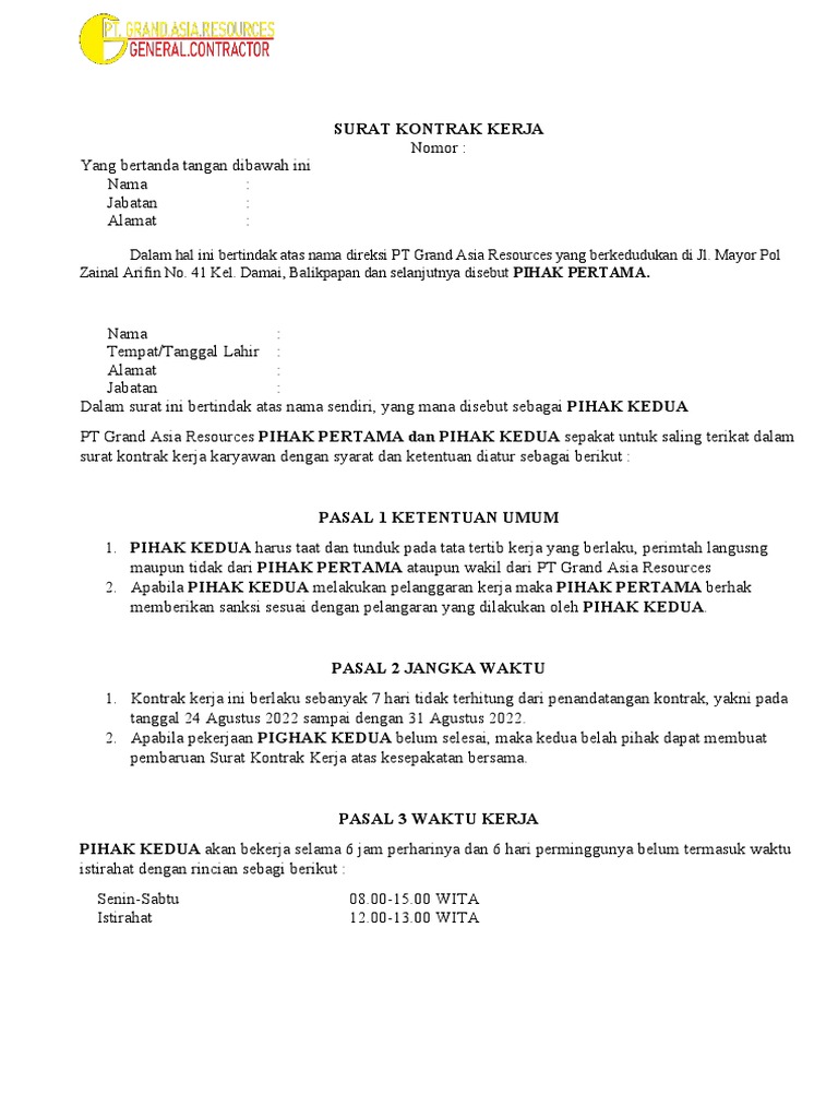 Contoh Surat Kontrak Kerja | PDF