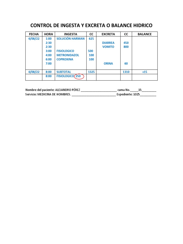 Control de Ingesta y Excreta o Balance Hidrico | PDF