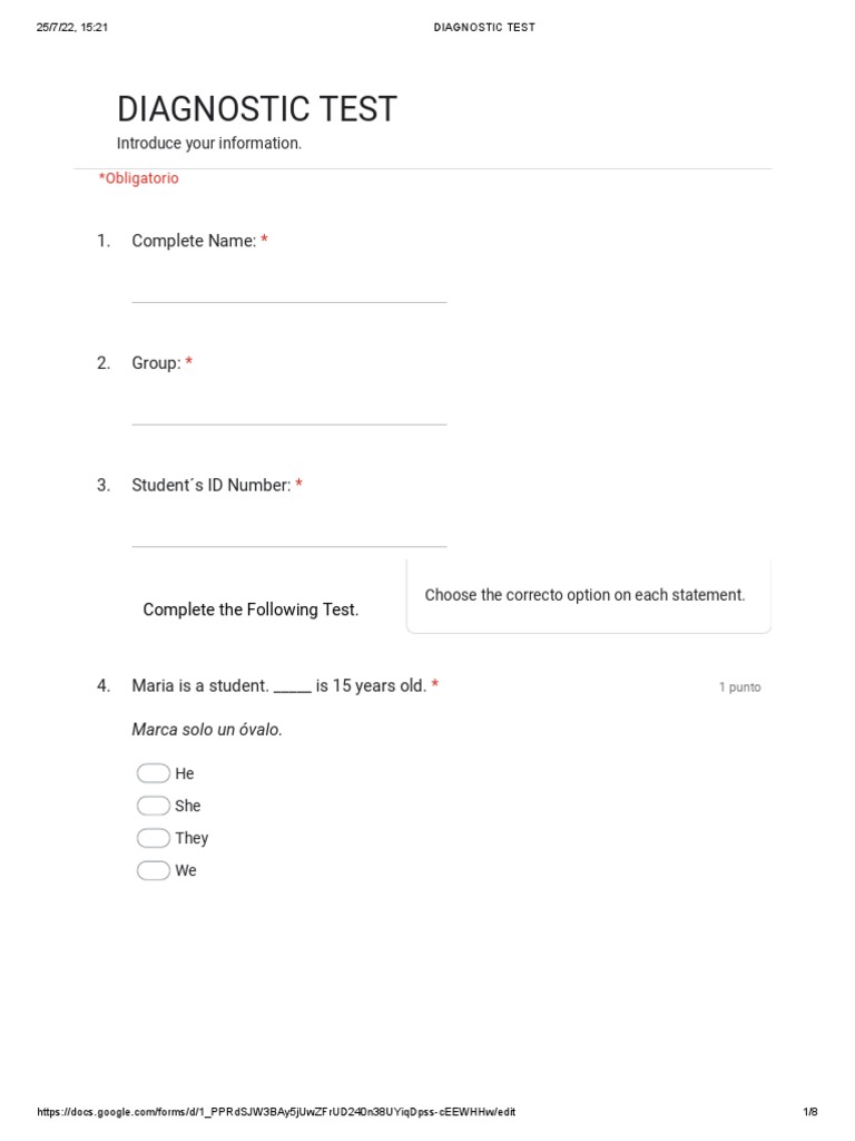 Diagnostic Test English I | PDF