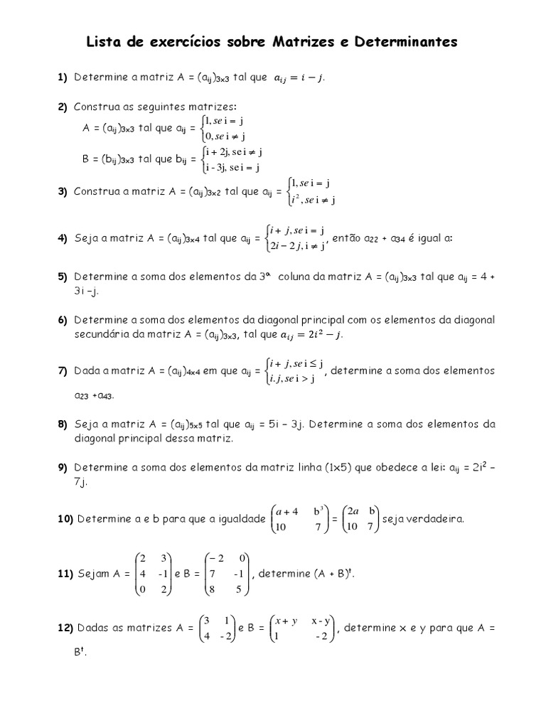 Exercícios Sobre Matrizes e Determinantes | PDF | Matriz (Matemática ...