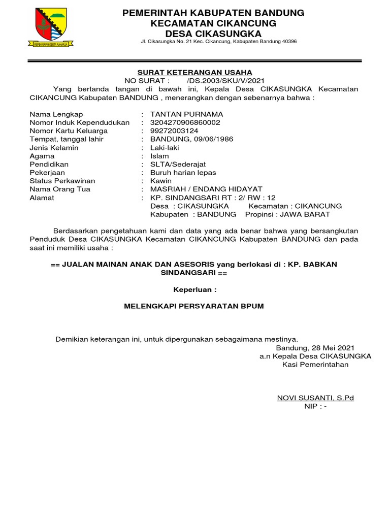 Surat Keterangan Usahatantan Purnama Nik 3204270906860002 | PDF