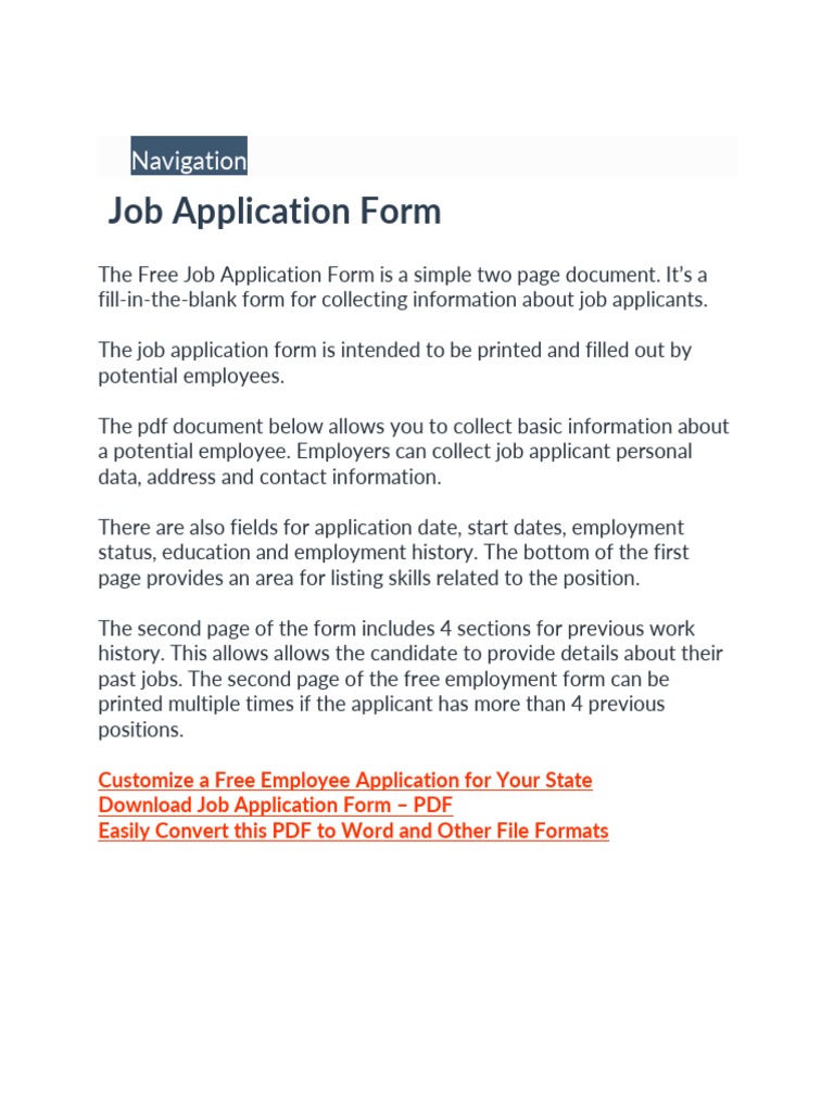 Application Form For Job | PDF | Employment | Business