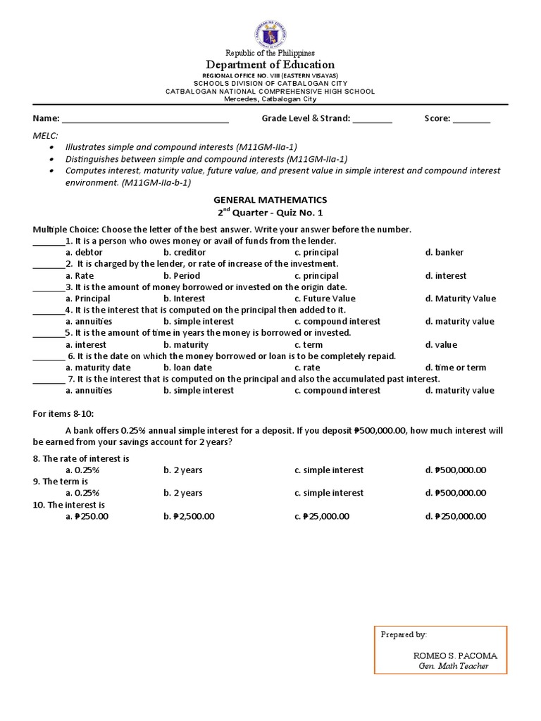 2nd Quater - Gen Math - Quiz No 1 | PDF | Interest | Compound Interest