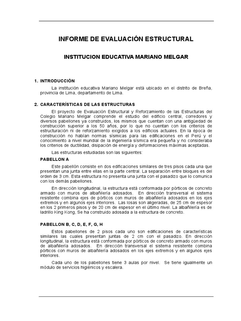 Informe de Evaluación Estructural Colegio Mariano Melgar | PDF ...