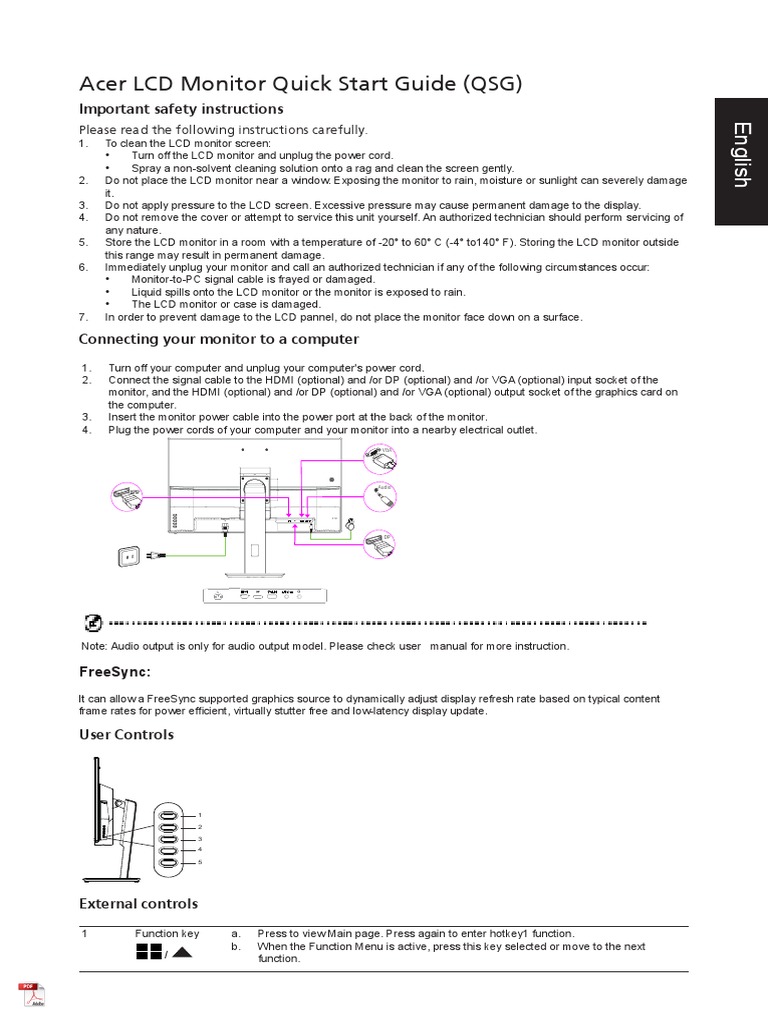 Acer LCD Monitor Quick Start Guide (QSG) : Important Safety Instructions | PDF | Computer ...