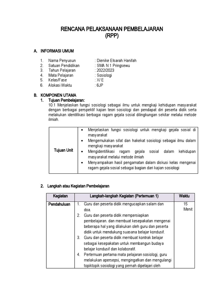 RPP Sosiologi Kelas X Dienike Elsarah H | PDF | Karier & Perkembangan ...