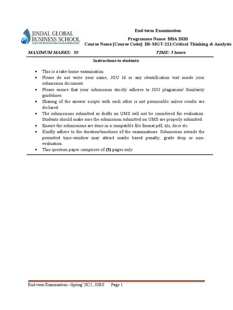 Critical Thinking Exam Paper 2022 | PDF | Argument | Cognition