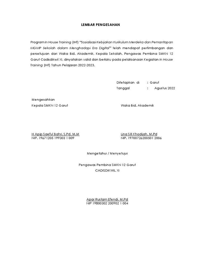 Lembar Pengesahan Iht 2022 | PDF