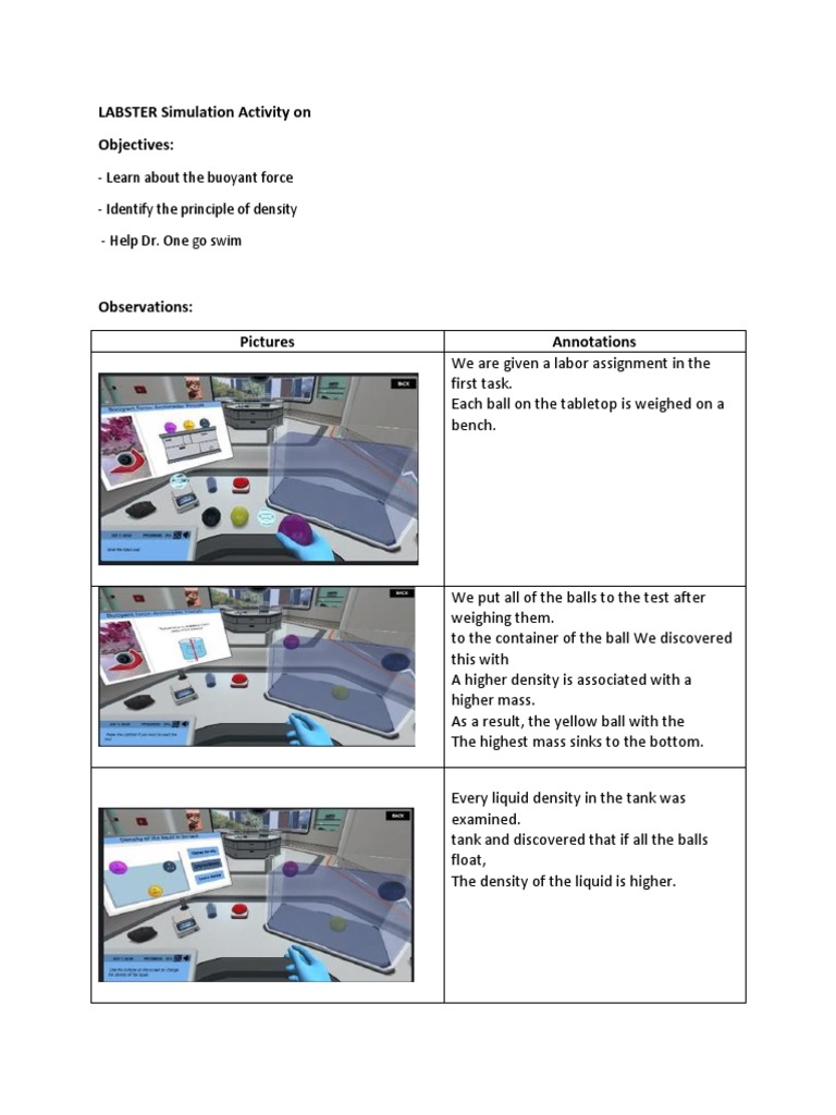 LABSTER Simulation Activity On Objectives | PDF | Buoyancy | Density