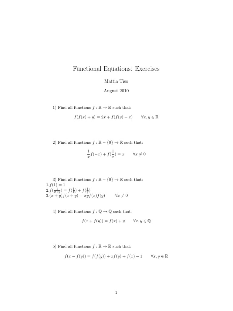 Functional Equations Exercises and Solutions | PDF | Analysis | Complex ...