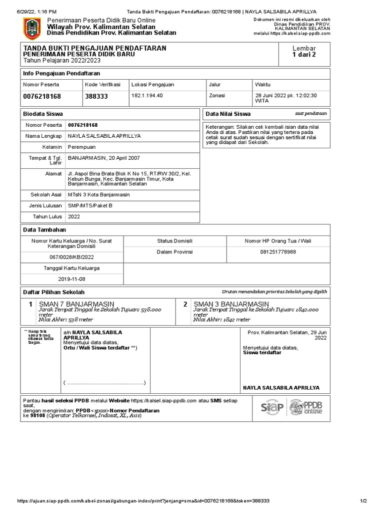 Tanda Bukti Pengajuan Pendaftaran - 0076218168 - NAYLA SALSABILA APRILLYA | PDF