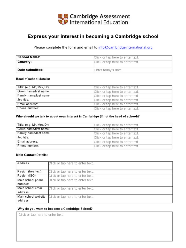 Express Your Interest in Becoming A Cambridge School: Please Complete ...