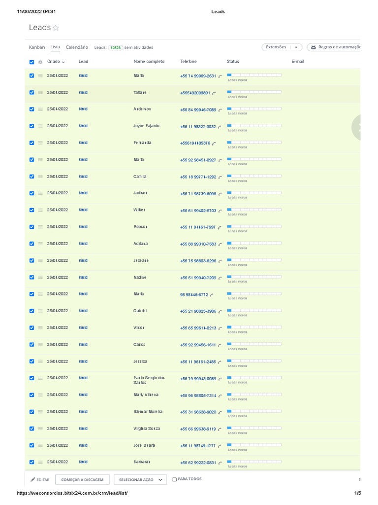 Leads: Criado Lead Nome Completo Telefone Status E-Mail | PDF