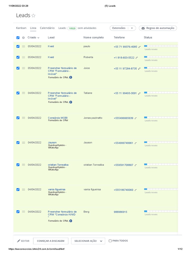 Leads: Criado Lead Nome Completo Telefone Status | PDF