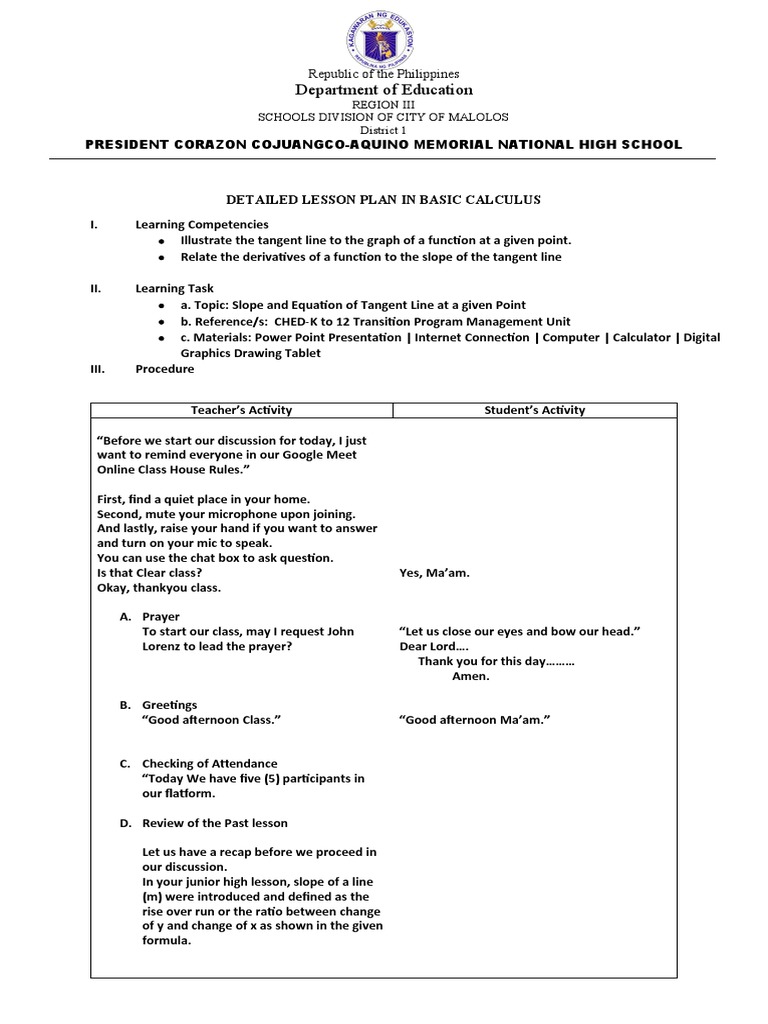 Detailed Lesson Plan Basic Calculus May 12 2020 | PDF | Tangent | Slope