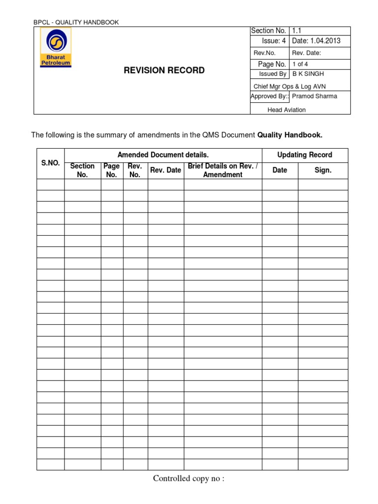 Revision Record: The Following Is The Summary of Amendments in The QMS ...