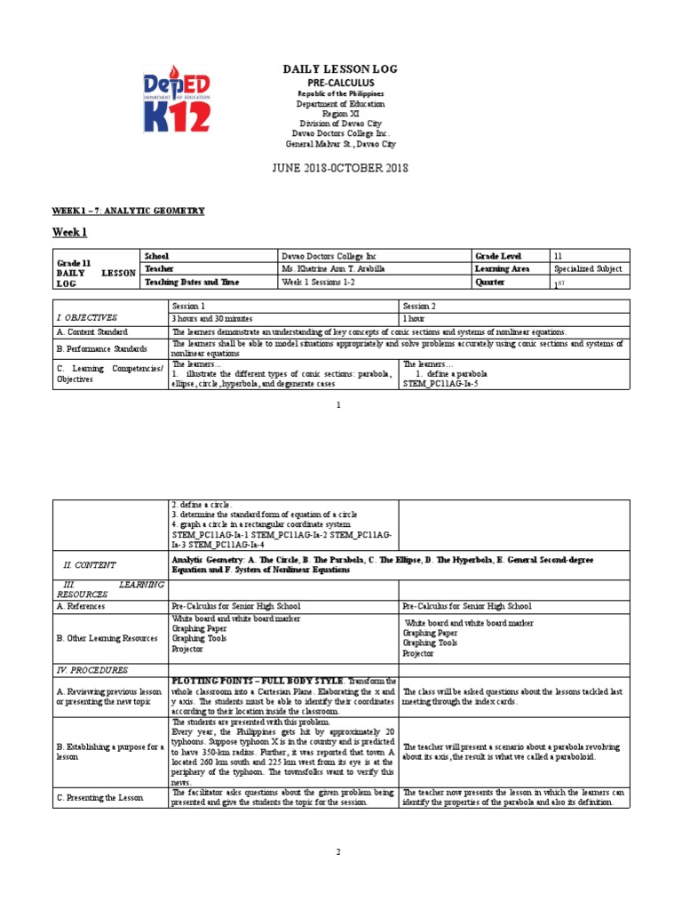 Daily Lesson Log: Pre-Calculus | Download Free PDF | Mathematics ... Daily Lesson Log: Pre-Calculus | Download Free PDF | Mathematics ...