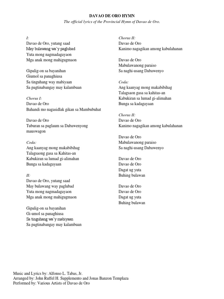 DAVAO DE ORO HYMN Lyrics | PDF