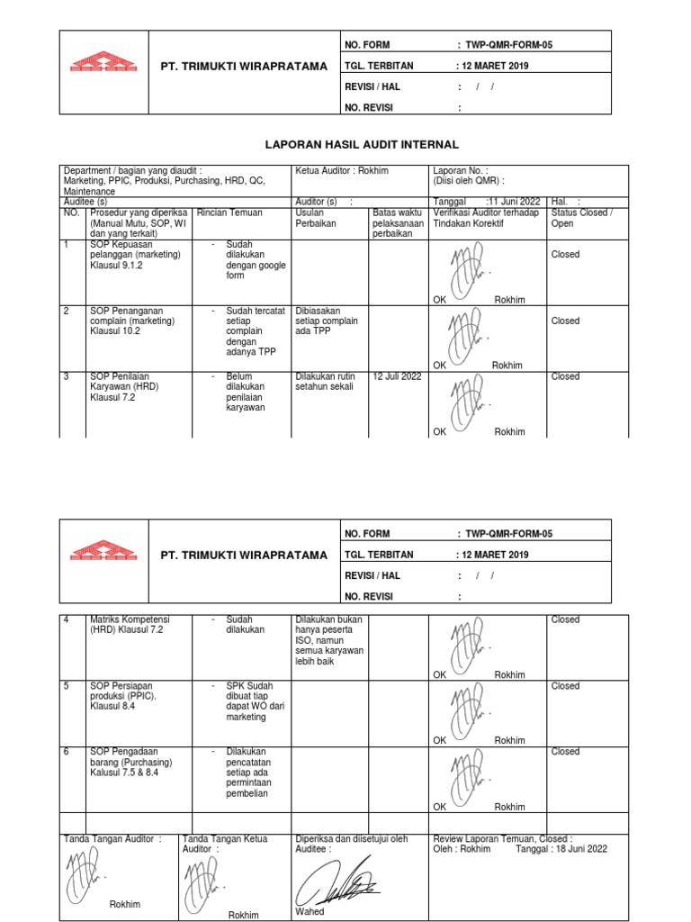 TWP-QMR-FORM-05 Laporan Audit Internal | PDF