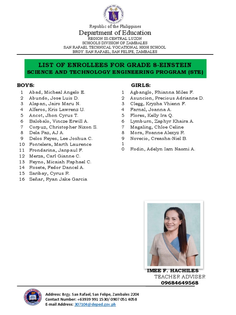 Department of Education: List of Enrollees For Grade 8-Einstein | PDF
