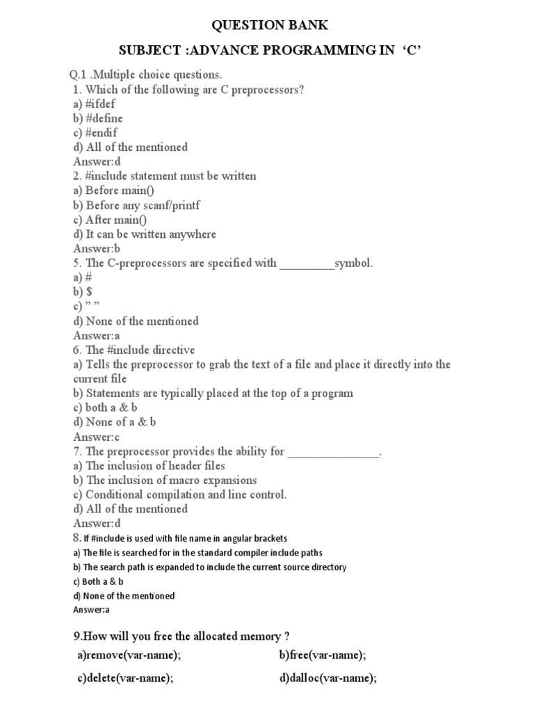 Question Bank Subject:Advance Programming in C' | PDF | Subroutine | Pointer (Computer Programming)