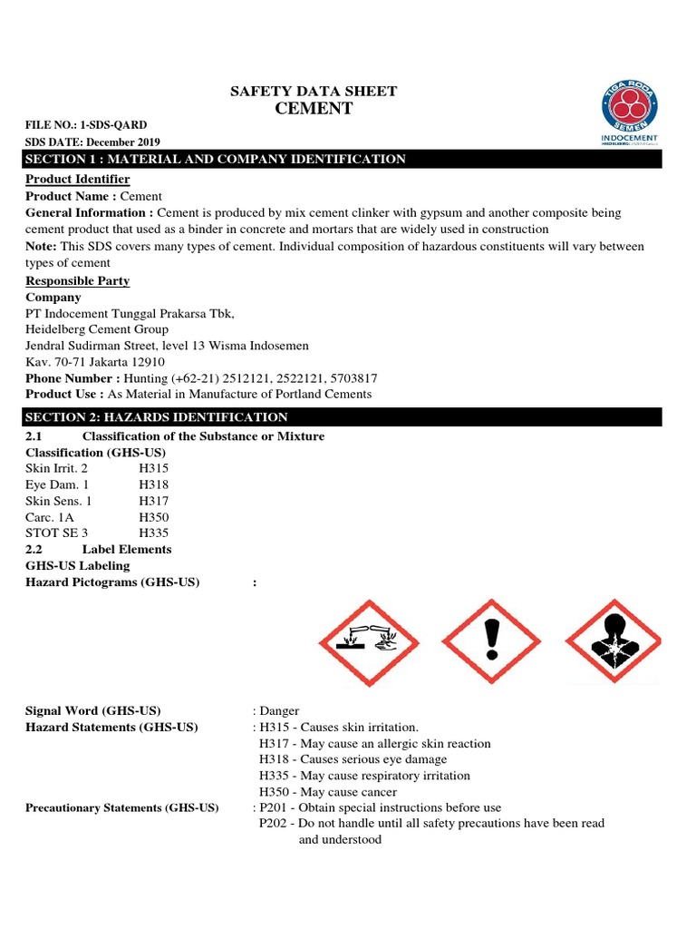 MSDS Cement Tiga Roda - Dec 2019 | PDF | Personal Protective Equipment ...