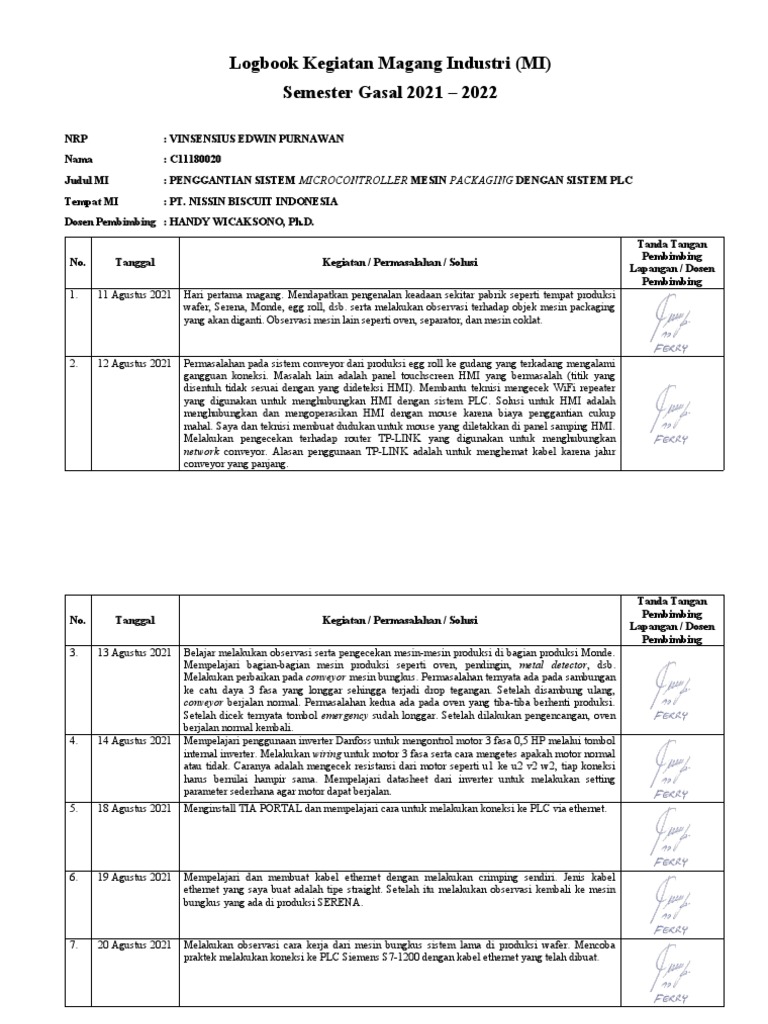 Logbook Kegiatan Magang Industri - Vinsensius - C11180020 | PDF