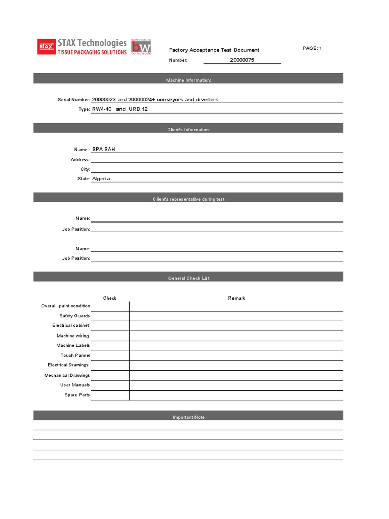 Factory Acceptance Test Document 20000075: Machine Information | PDF ...
