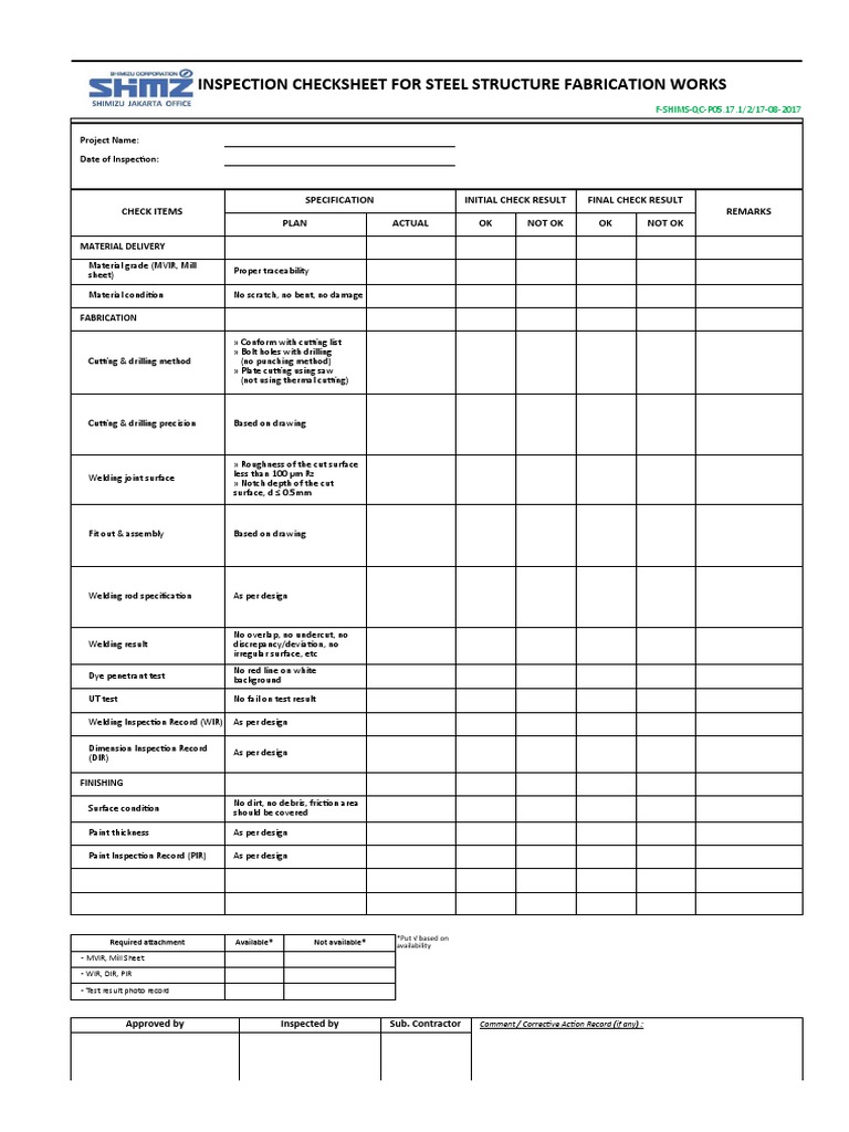 Steel Structure Fabrication Inspection Checklist | PDF | Metal ...