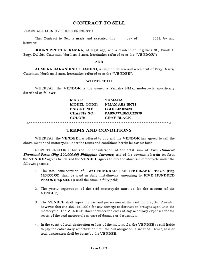 CONTRACT TO SELL (Motorcycle) | PDF | Identity Document | Private Law