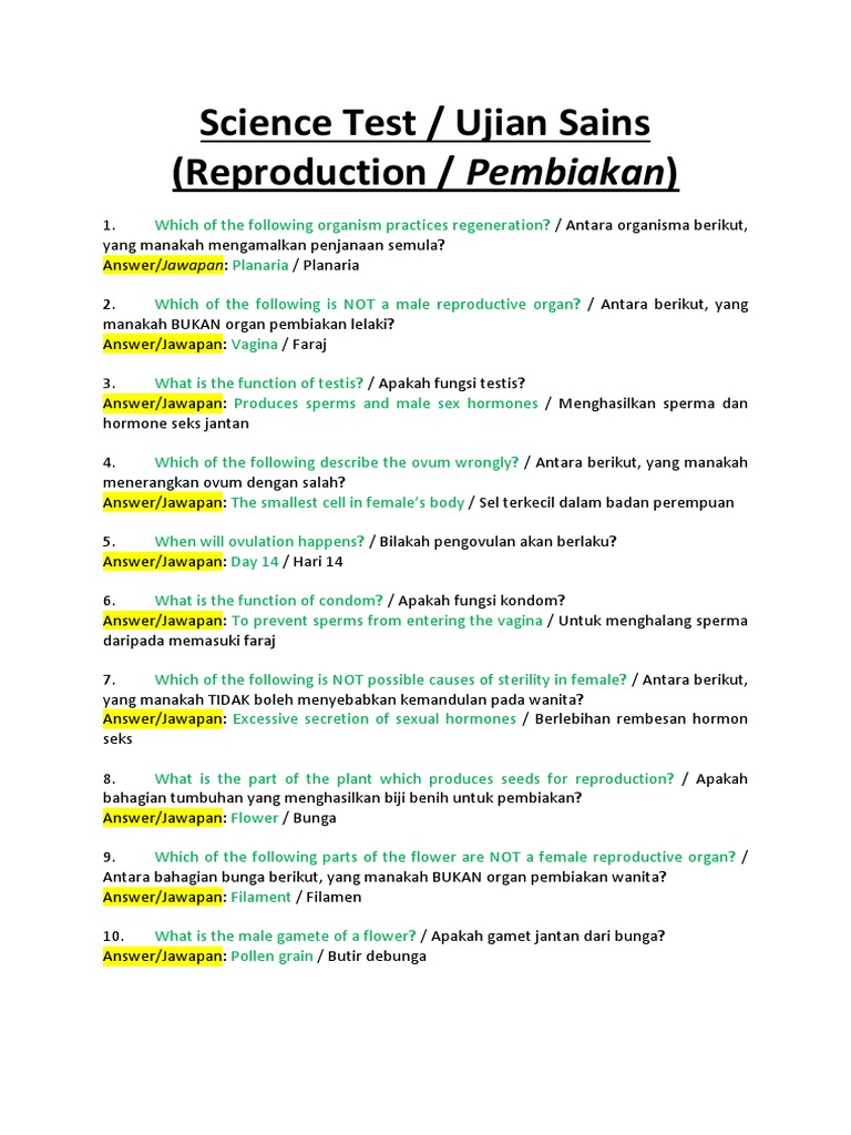 Science Test (Reproduction) | PDF | Sex Organ | Sex