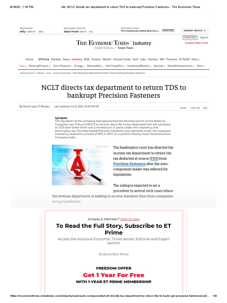 Tds - NCLT Directs Tax Department To Return TDS To Bankrupt Precision ...