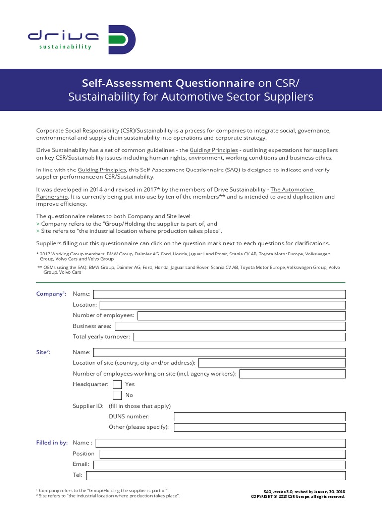 Sustainability For Automotive Sector Suppliers: Self-Assessment Questionnaire On CSR | PDF ...