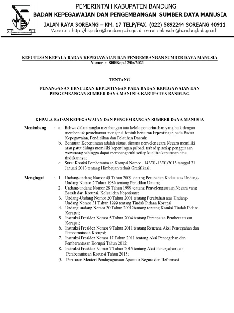 SK Benturan Kepentingan 2021 - BKPSDM | PDF