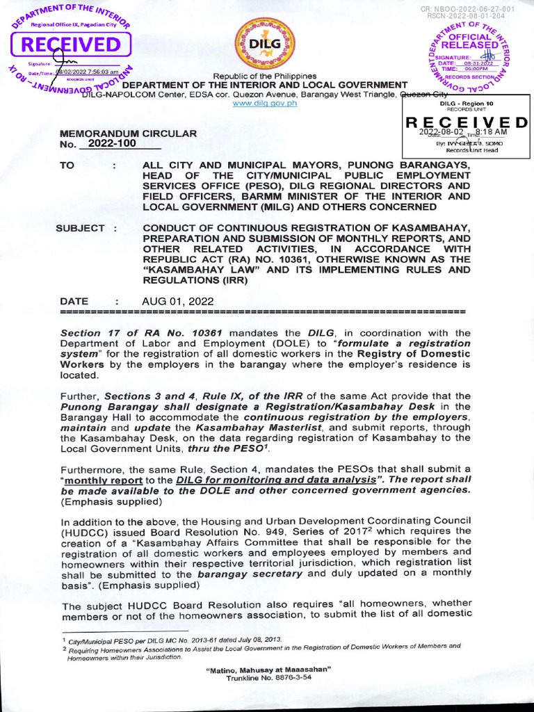 DILG MC2022 100 Continuous Registration of Kasambahay Submission of ...